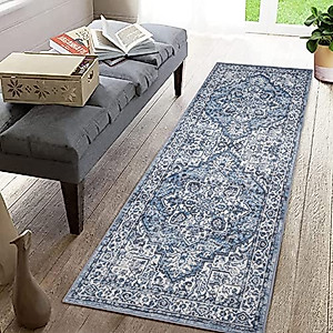 CAREMEE Area Rug 2x6 Runner Rug Light Blue Persian Hallway Indoor Rug Retro Distressed Carpet Thin Rug Machine Washable Accent Rug Lightweight Non Slip Kitchen Living Room Bedroom, 2' x 6' Blue