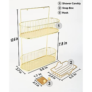 THCOFUUD No Drilling Shower Caddy, 3 Pack Rustproof Stainless Steel Organizer With Soap Holder & 2 Razor Hooks, Wall Mounted Shelves, Adhesive Rack, Large Capacity Basket for Storage, Gold Decor