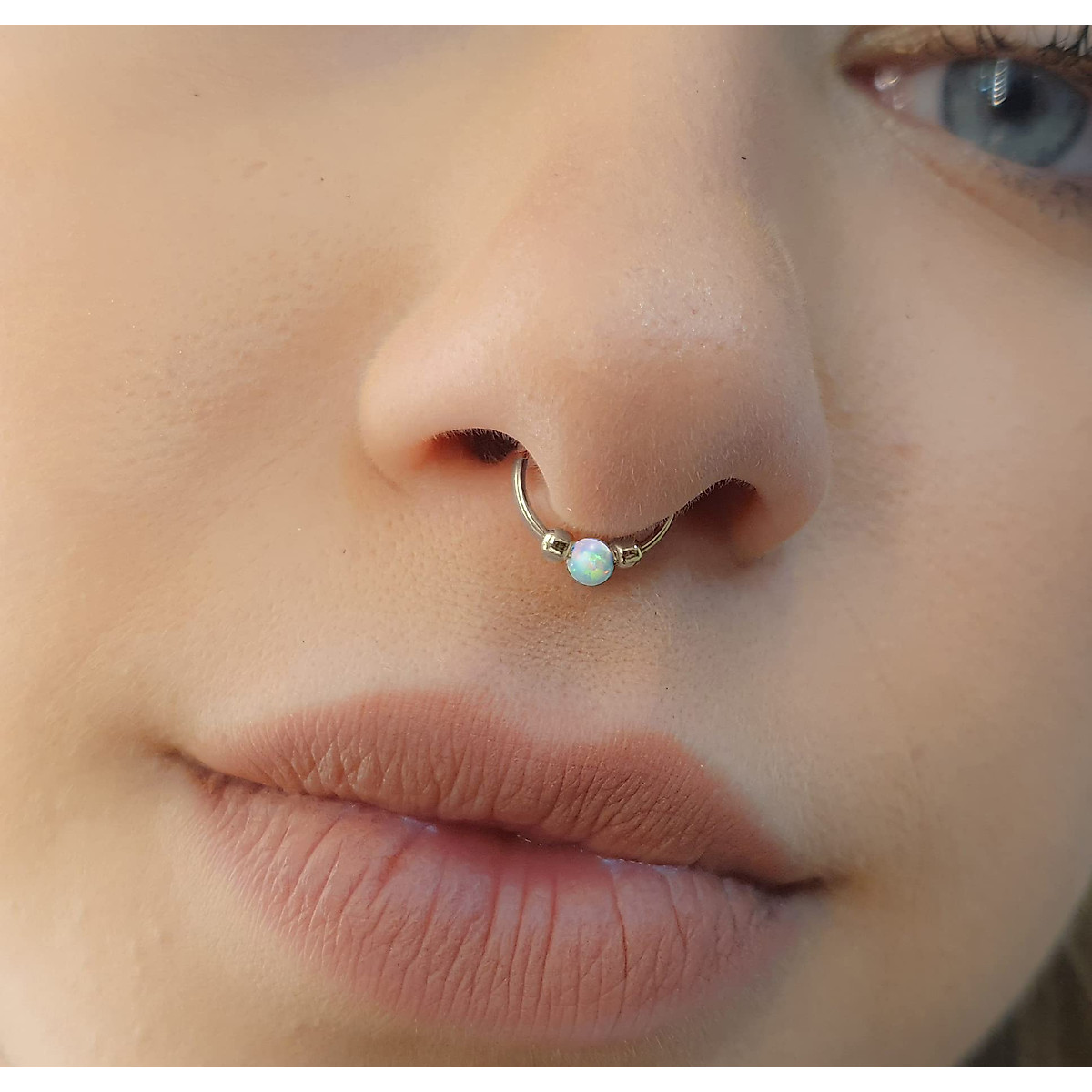 Non Piercing White Opal faux Septum Ring - Sterling Silver False Septum Hoop Piercing - Clip on Septum Nose ring
