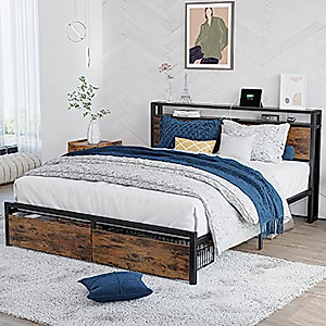 LIKIMIO Queen Bed Frame with Storage Headboard, Platform Bed with Drawers and Charging Station, No Box Spring Needed, Easy Assembly, Vintage Brown