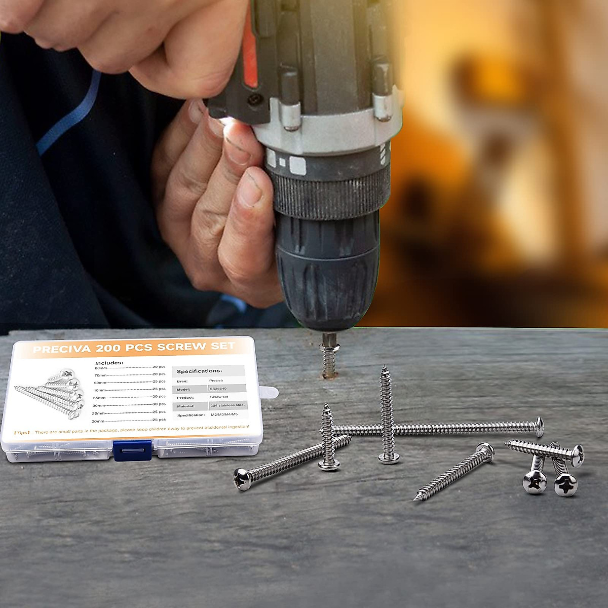 Self Tapping Screws, Preciva 304 Stainless Steel 200 PCS, 8 Sizes Round Head Phillips Drive Self Drilling Screw Assortment Kit for Metal Wood Furniture Electronic Products