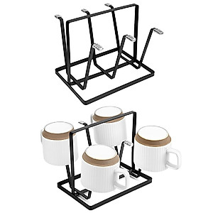 QWORK Cup Drying Rack, 2 Pack 6-Hook Bottle Drying Drainer Stand, Coffee Mugs Wine Glass Drying Rack with Non-Slip Silicone Hooks, Space Saving Countertop Cup Holder, for Home, Office, Cafe - Black