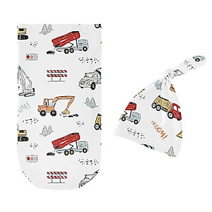 Sweet Jojo Designs Construction Truck Baby Boy Cocoon and Beanie Hat Set Jersey Stretch Knit Sleeping Bag Infant Newborn Nursery Sleep Wrap Sack - Grey Yellow Orange Red and Blue Transportation