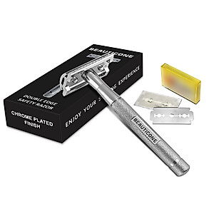 BEAUTICONE’s Safety Razor Men & Women│Men’s Shaving Razors│3-pc Double Edge Safety Razor│Closed Comb Razor with 5 blades (Chrome Plated Finish)