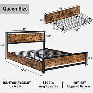 Ailisite Queen Size Bed Frame with Storage Drawers and 2 USB Ports, LED Queen Bed Frame with Headboard, Metal Platform Bed No Noise, Mattress Foundation Strong Metal Slats Support No Box Spring Needed