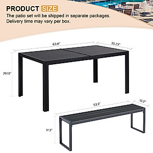 VICLLAX Outdoor Dining Set All Weather Patio Furniture with Slatted Patio Dining Table and 2 Outdoor Benches for Backyard Garden Poolside Deck, 3 Pieces Black