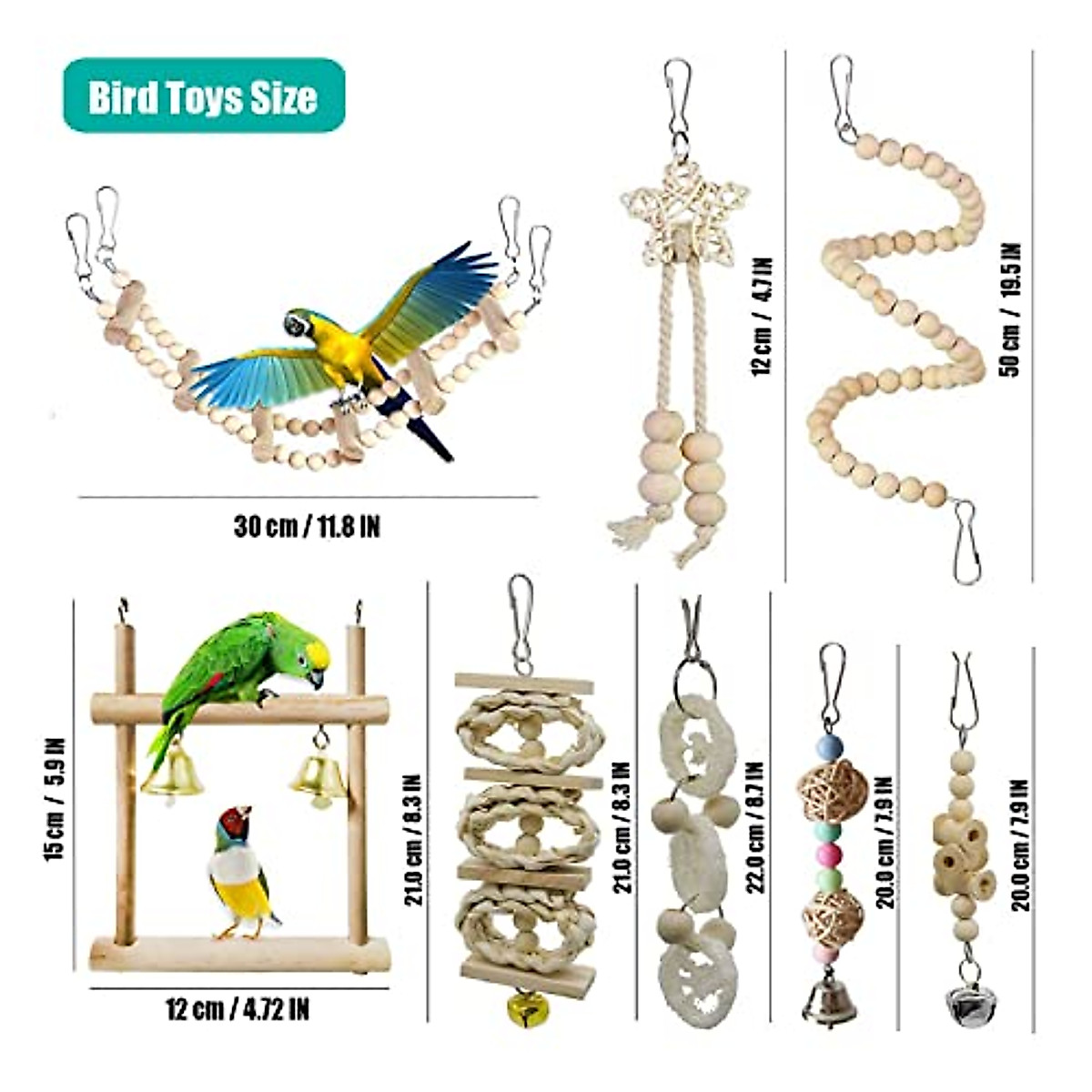 8 Pcs Bird Toy Parrot Swing Chewing Toys- Hanging Wooden Swing Chewing Toy Bells, Ladder Swing for Small Parrots, Macaws, Parakeets, Conures, Cockatiels, Love Birds (011)