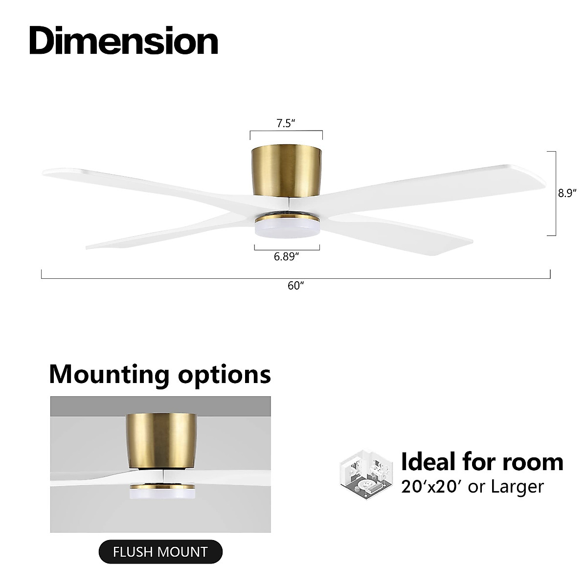 WINGBO 60 Inch Flush Mount DC Ceiling Fan with Lights and Remote, 4 Reversible Carved Wood Blades, 6-Speed Noiseless DC Motor, Hugger Ceiling Fan in Brass Finish with White Blades, ETL Listed