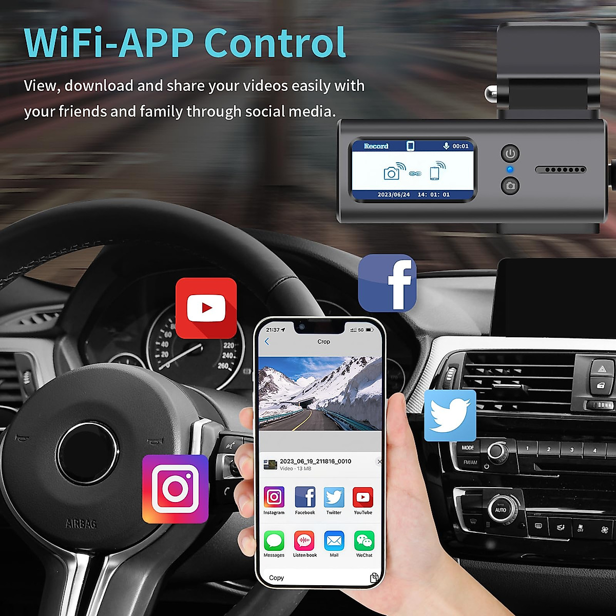 Frvesroe Dash Cam with WiFi APP, 1296P FHD Mini Front Dash Camera for Cars with Super Night Vision, WDR, Loop Recording, G-Sensor, Easy to Install, Free 16GB SD Card，FD-1