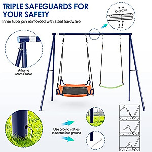 Swing Sets for Backyard - Outdoor Swing Set for Kids Adults with Heavy Duty Metal A-Frame Stand, Adjustable Platform Saucer Swing Seat and Belt Swing Seat Playground Playset Holds 440 lbs Blue