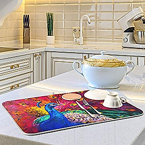 Painting Animal Beautiful Peacock Dish Drying Mat 24"x18" Absorbent Machine Washable Hanging Fast Dry Pad Dish Protective Mat for Kitchen Countertop Heat Resistant Dinner Table Mat