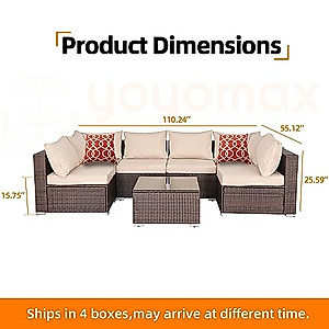 yoyomax, Light Brown Outdoor Clearance, 7 Pieces Patio Furniture All Weather PE Rattan Wicker Conversation Sofa Set w/6 Chairs, Pillows, Coffee Table for Balcony Backyard Garden, 7PCS-B