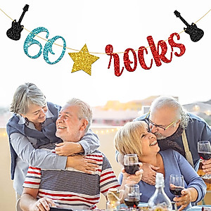 WeBenison 60 Rocks Birthday Banner Rock and Roll Music Theme 60th Birthday Banner / 60's Rock Guitar Birthday Party Decorations Glitter (60)