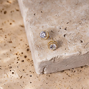 PAVOI 18K Gold Plated Sterling Silver Post Brilliant Round Faux Diamond Halo Earrings - Premium Cubic Zirconia in Rose Gold, White Gold and Yellow Gold (9.5mm Round, Vermeil-Yellow)