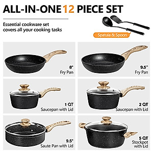 MICHELANGELO Pots and Pans Set Nonstick, Kitchen Cookware Sets with Black Granite Coating, Non Toxic Cookware Set Induction Compatible, 12 Pcs