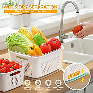 4 Pack Fruit Storage Containers for Fridge with Removable Colanders, Airtight Produce Vegetable Berry Containers for Fridge, All-In-One Food Storage Containers for Washing, Draining, Freshness