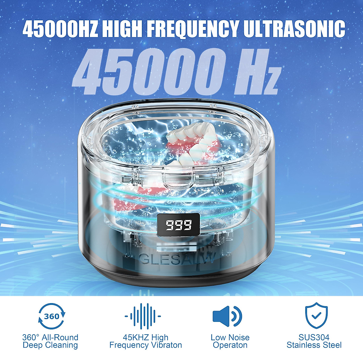 Ultrasonic Cleaner for Retainer, 30W Professional Ultrasonic Jewelry Cleaner, Digital Display Timer for Dentures, Night Dental Mouth Guard, Aligner,Denture Cleaner Machine with Brush Kit and Basket