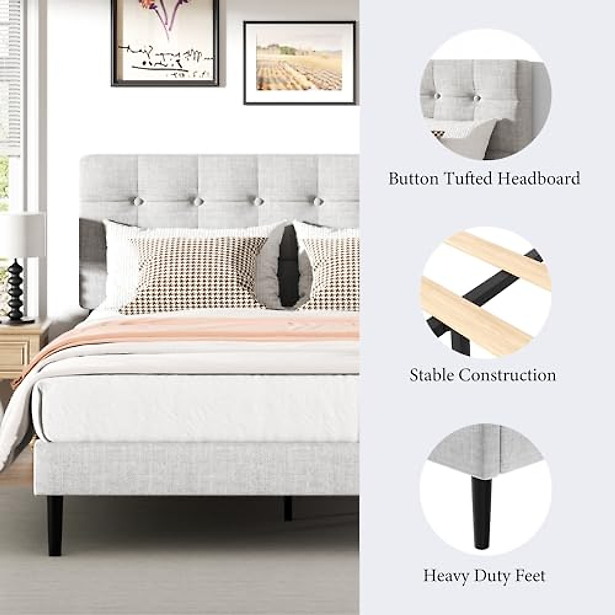 UNIZONE Queen Size Bed Frame with Button Tufted Upholstered Headboard, Linen Platform Bed with Wood Slats Support, Mattress Foundation, No Box Spring Needed, Easy Assembly, Light Grey