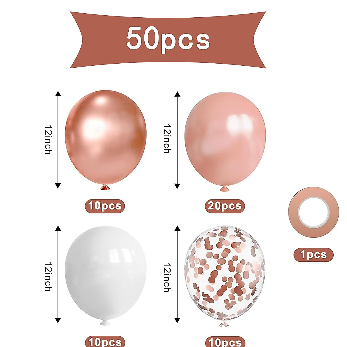 Rose Gold Confetti Balloons - 50 Pcs 12 In White and Rose Gold Latex Balloons,Rose Gold Metallic Balloons for Birthday Wedding Engagement Bridal Shower Bachelorette Party Decorations