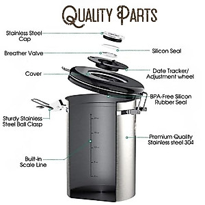 Kitcoff Coffee Grounds and Beans Container Canister with Date Tracker, CO2-Release Valve and Measuring Scoop - Made of Stainless Steel with Airtight Lids - Large, 22oz, White w/Wood Print Lid