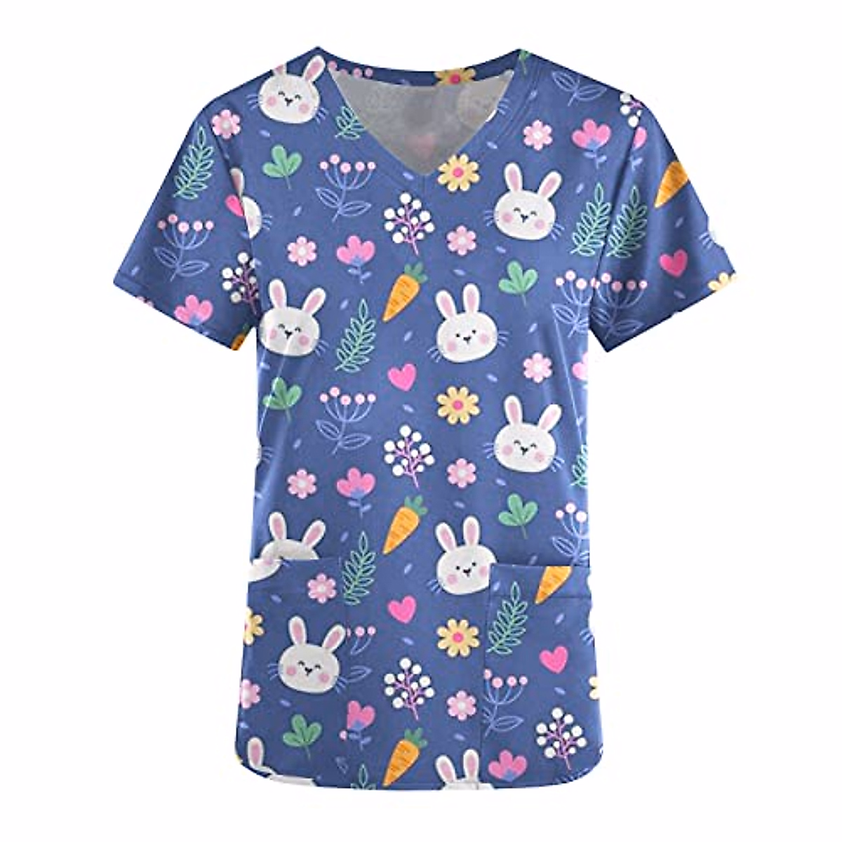 Scrub Tops for Women Easter Bunny Eggs Working Uniform Stretchy Scrub Dressy Cute Top Plus Size V Neck Tunic Undershirt Blue