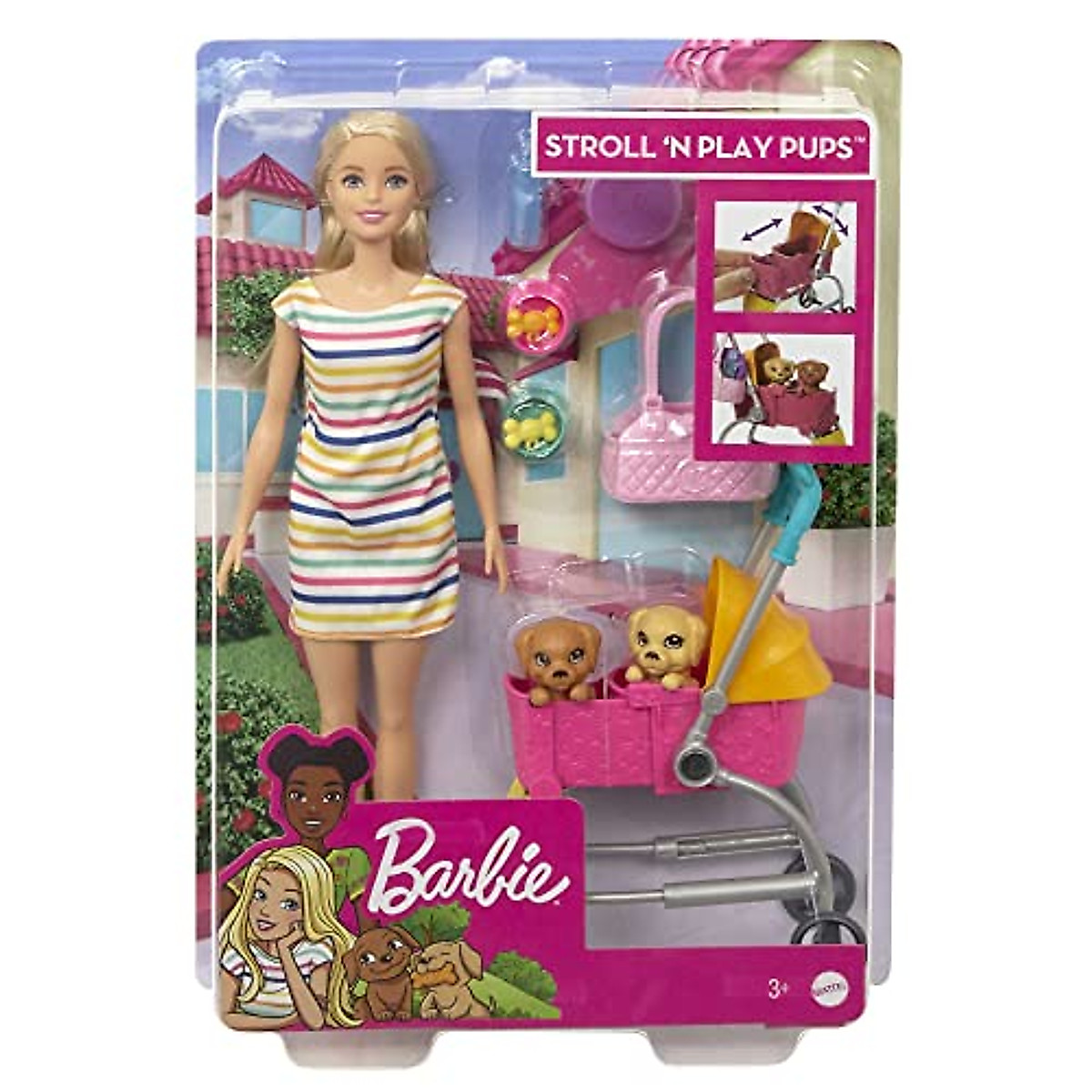 Barbie Dogwalking Doll & Accessories, Stroll & Play Pups Playset with Transforming Stroller, 2 Pets & Handbag, Blonde Doll