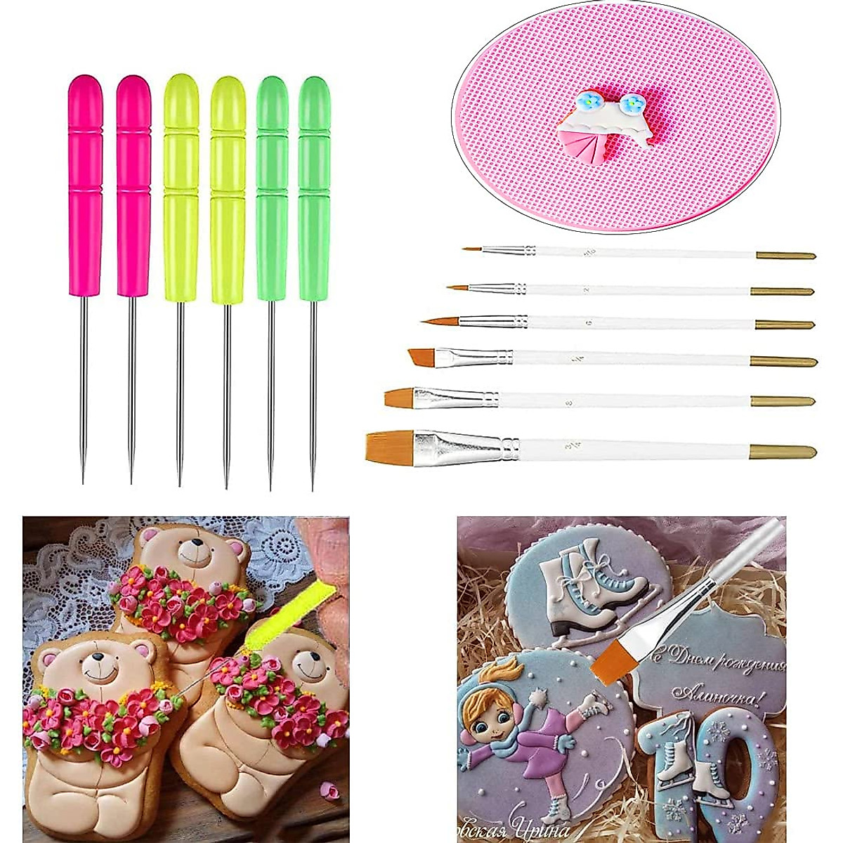 16 Pcs Cookie Decorating Kit Cookie Turntable Decorating Supplies with 2 Acrylic Cookie Turntable 6 Cookie Scribe Needle and 2 Silicone Mesh Mats 6 Cookie Decoration Brushes