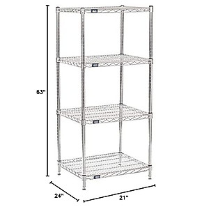 Nexel Adjustable Wire Shelving Unit, 4 Tier, Commercial Dry Storage Rack, 21" x 24" x 63", Chrome