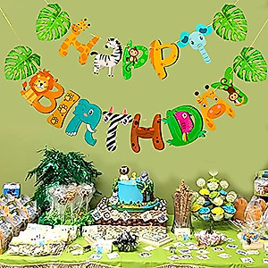 Safari Animal Happy Birthday Banner, Jungle Theme Party Decoration for Safari Zoo Forest Animal Party, Kids Wild One Birthday Baby Shower Supplies