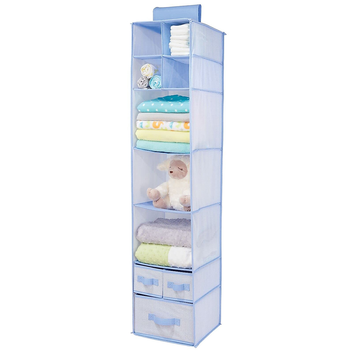 mDesign Soft Fabric Over Closet Rod Hanging Storage Organizer with 7 Shelves and 3 Removable Drawers for Child/Kids Room or Nursery - Herringbone Print - Blue