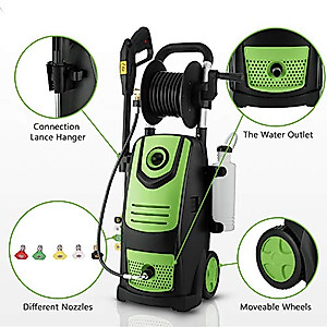 Electric Pressure Washer Suyncll Power Washer 1800W High Pressure Washer, Professional Washer Cleaner with 5 Interchangeable Nozzle & Hose Reel, Best for Cleaning Patio, Garden,Yard Green