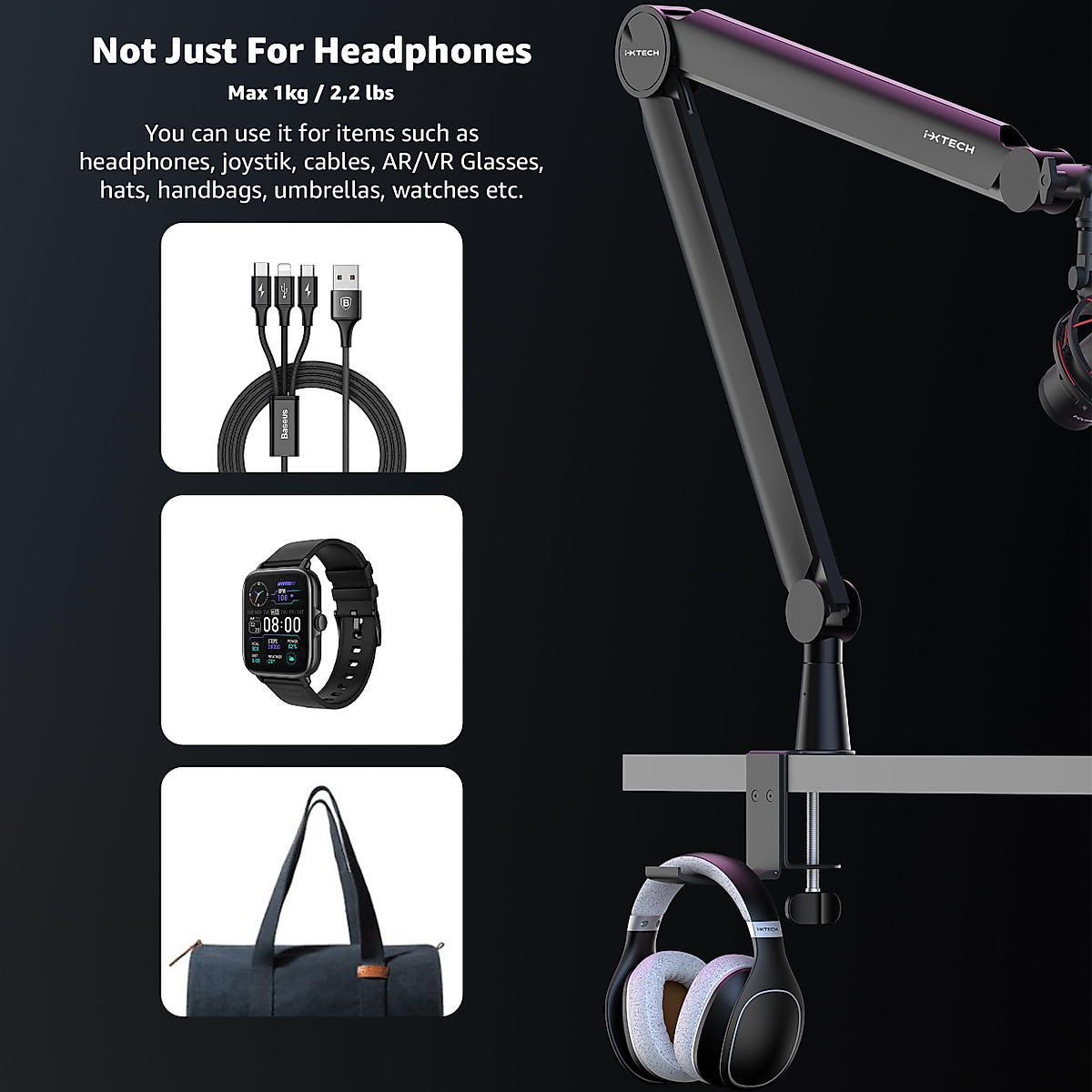 IXTECH Mic Arm Boom Arm 360° Rotatable Microphone Boom Arm Mic Boom Arm with Desk Mount, Fully Adjustable, for Podcast, Video, Gaming, Radio, Studio Recording, Sturdy and Universal VALIANT Pro