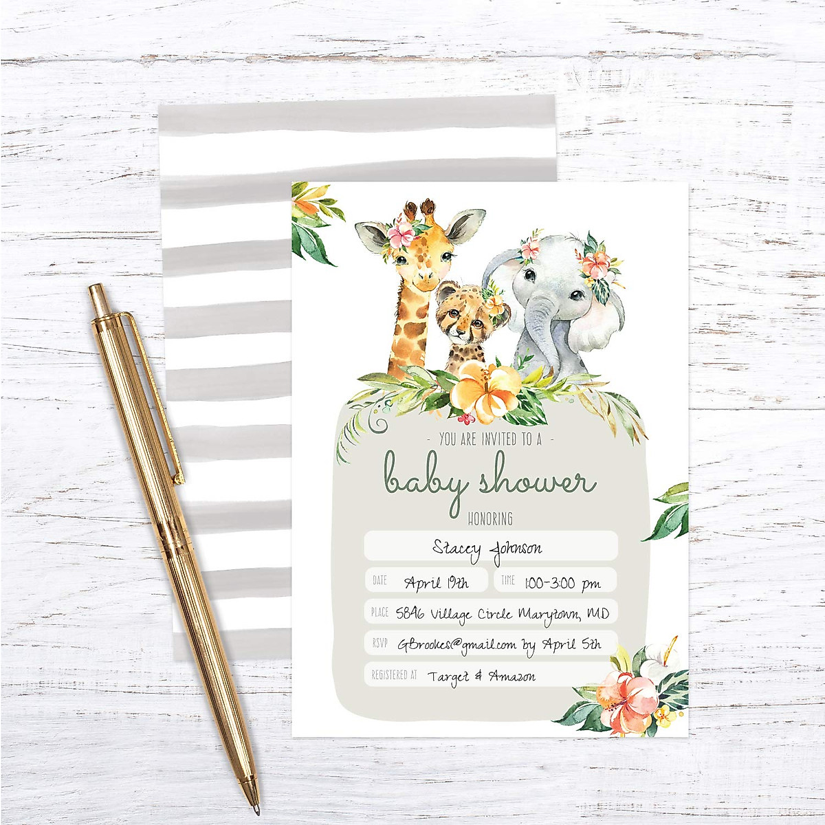 Boho Safari Animal Baby Shower Invites / 25 Welcome Baby Desert Animals Party Invitations / 5" x 7" Flat Floral New Baby Party Invitation Cards/Made In The USA