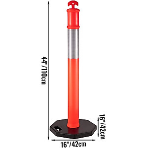 VEVOR 3Pack Traffic Delineator Posts 44 Inch Height, PE Delineator Post Kit 10 inch Reflective Band, Orange Delineator Cones with Rubber Base 16 inch for Construction Sites, Facility Management etc