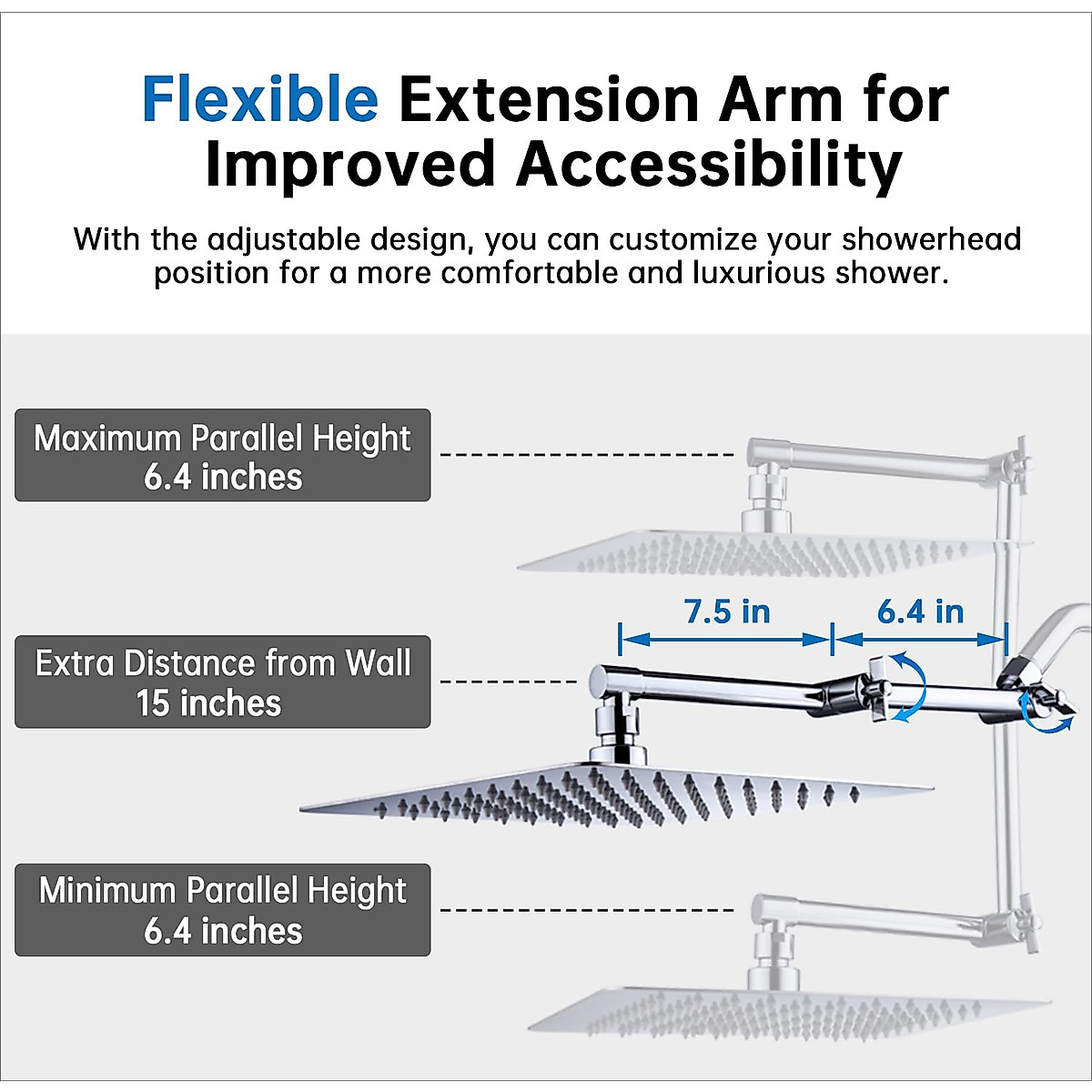 G-Promise All Metal 12 Inch Rainfall Shower Head with Handheld Spray Combo| 3 Settings Diverter|Adjustable Extension Arm with Lock Joints |71 Inches Stainless Steel Hose (Chrome)