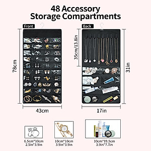 Chahot Hanging Jewelry Organizer-Closet Earring Holder Organizer with 48 Pockets & 8 Velcro, Double Side Large Jewelry Holder Earring Organizer for Earring Bracelet Rings Chain with Hanger, 1 Piece