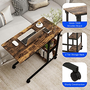 FLEXISPOT Adjustable C Table with Wheels, Mobile Snack Side End Table Sofa Couch Bedside Table Laptop Rolling Cart TV Tray Night Stand with Storage Shelves for Small Space Side Table,Rustic Brown