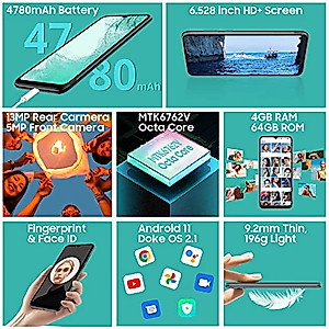 Blackview Unlocked Phones, A55 Pro, 4G Dual Sim Unlocked Cell Phones Android 11, 7GB+64GB/ 256GB Expandable, 6.528" HD Unlocked Smartphone, 4780mAh Battery, Face ID/Fingerprint Unlock T-Mobile Phone