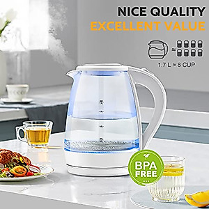 Pukomc Electric Kettle - 1.7L Hot Water Boiler - Glass Tea kettle with Wide Opening and Led Indicator, Auto Shut-Off and Boil-Dry Protection - Series 9460