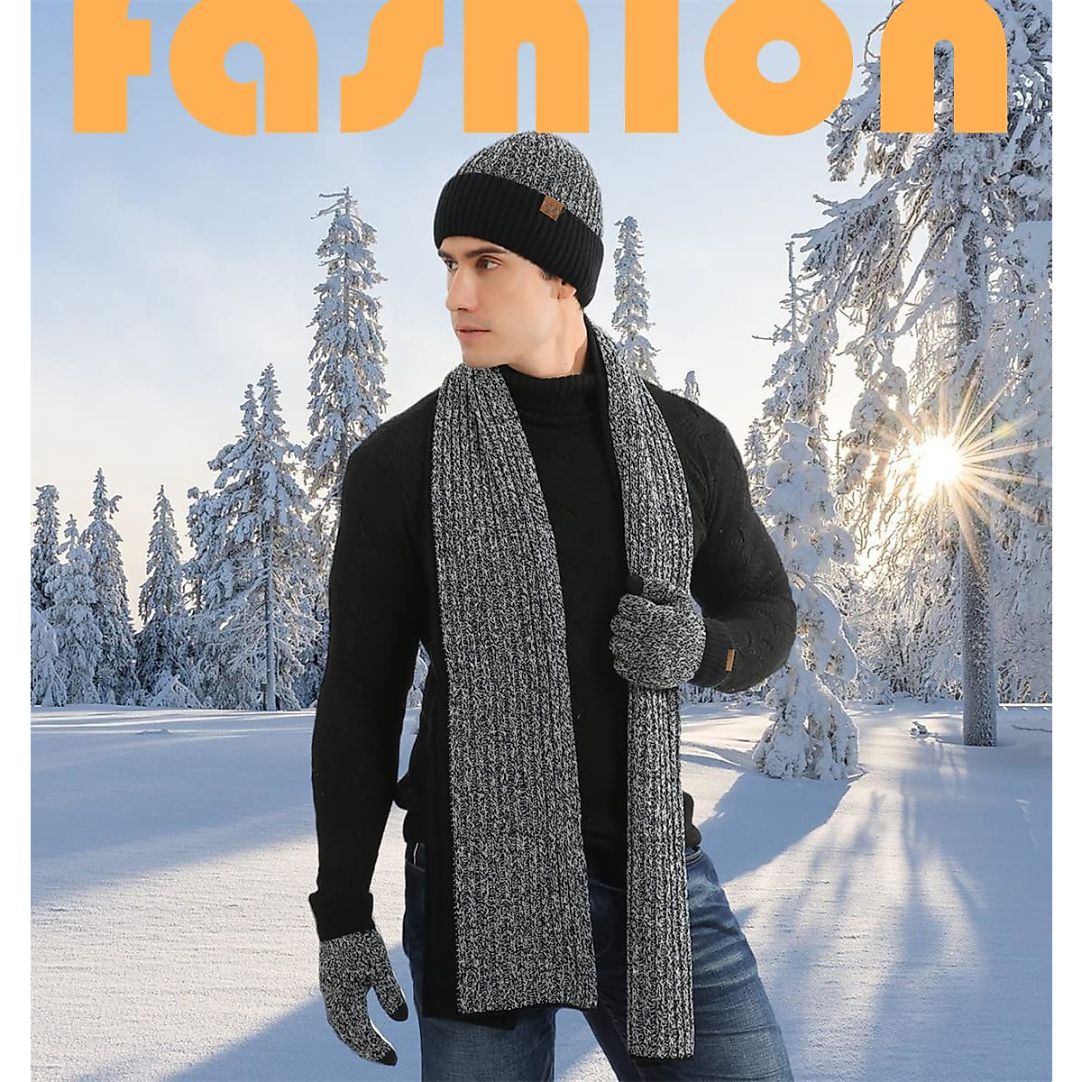 JTJFIT Men's Winter Knitted Beanie Hat Scarf & Touchscreen Gloves 3PCS Set Fleece Lined Cap for Men(Black-White)