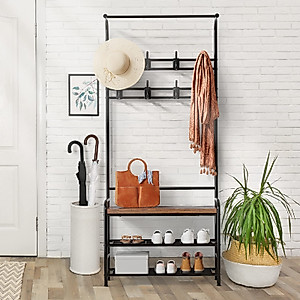 IDEALHOUSE Hall Tree, Entryway Bench, Coat Rack Freestanding Shoe Bench, 3 in 1 Hall Tree Entryway Storage Bench, Multifunction Bench with Steel Frame, 8 Large Hooks, 3-Tier Storage Shelf