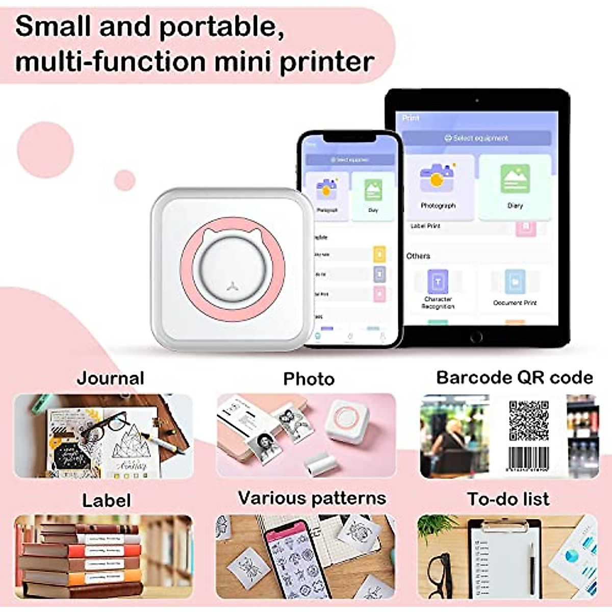 Instaproud - Portable Sticker Printer Mini C15 Pocket Thermal Printer Bluetooth-Compatible Photo Printer Pocket Label Receipt Printer with 10 Rolls Paper for Photos, Memos, Study Notes (pink)