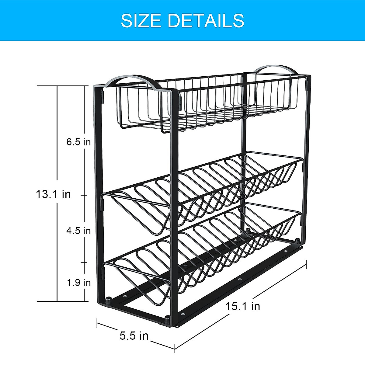 Pull Out 3-Tier Spice Rack - Sliding Organizer for Kitchen Cabinets, Under Sink Shelf, Slide Out Racks for Storage, Cabinet Organization in Kitchen, Heavy Duty Slide Out Seasoning Kitchen Organizer.
