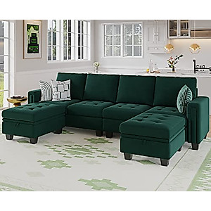 Belffin Velvet U Shaped Sectional Sofa Couch with Storage Ottoman Convertibel Sectional Sofa with Reversible Chaises Green