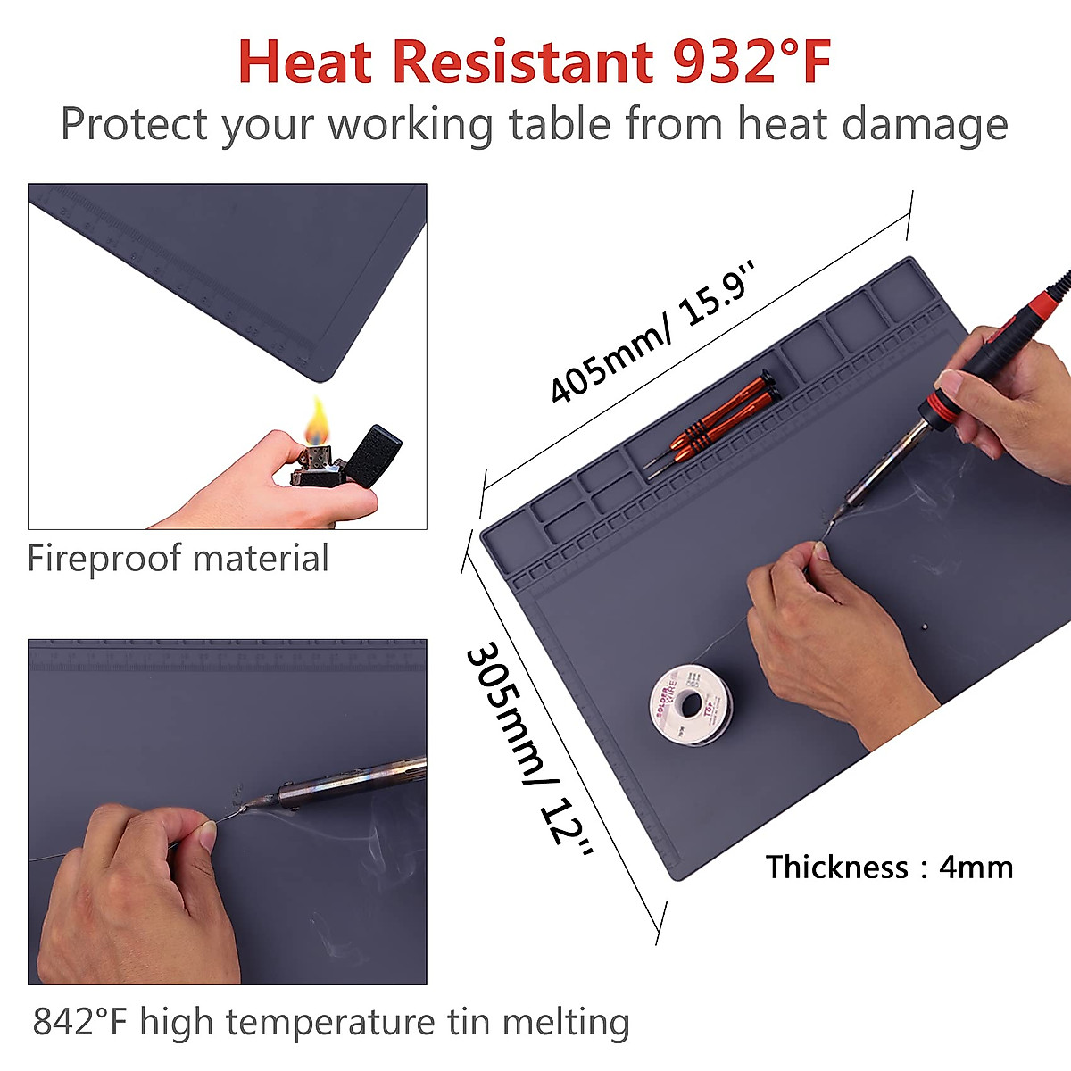 Anti-Static Mat ESD Safe for Electronic Includes ESD Wristband and Grounding Wire, HPFIX Silicone Soldering Repair Mat 932°F Heat Resistant for iPhone iPad iMac, Laptop, Computer, 15.9” x 12” Grey