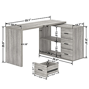 HSH L Shape Desk with Drawers, L-Shaped Desk with Storage Cabinet Shelves, Home Office Corner Computer Desk for Executive Writing, Modern Wood Study PC Table in Bedroom Living Room, Grey Oak, 55 Inch