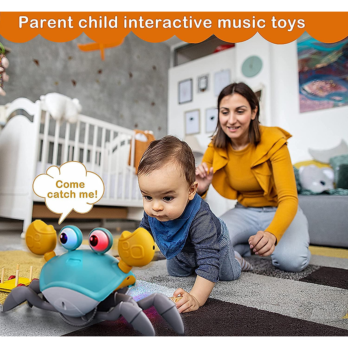 FUNDISINN Crawling Crab Baby Toy with Music and Light, Tummy Time Walking Crab with Sensor Obstacle Avoidance, USB Rechargeable, Fun Moving Toy for Babies, Toddlers and Kids(Green)