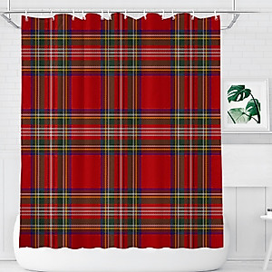 GOOESING Christmas Plaid Shower Curtain Scottish Tartan Farmhouse Bathroom Shower Curtains for Bathtub Decoration with Hooks 72x72 Inch, Red and Green