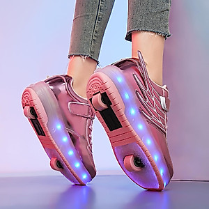 HOVERKICKES LED Roller Skate Shoes for Kids Boys Girls Light Up Roller Sneakers with Detachable Wheels Rechargeable Flashing Wheeled Shoes Pink