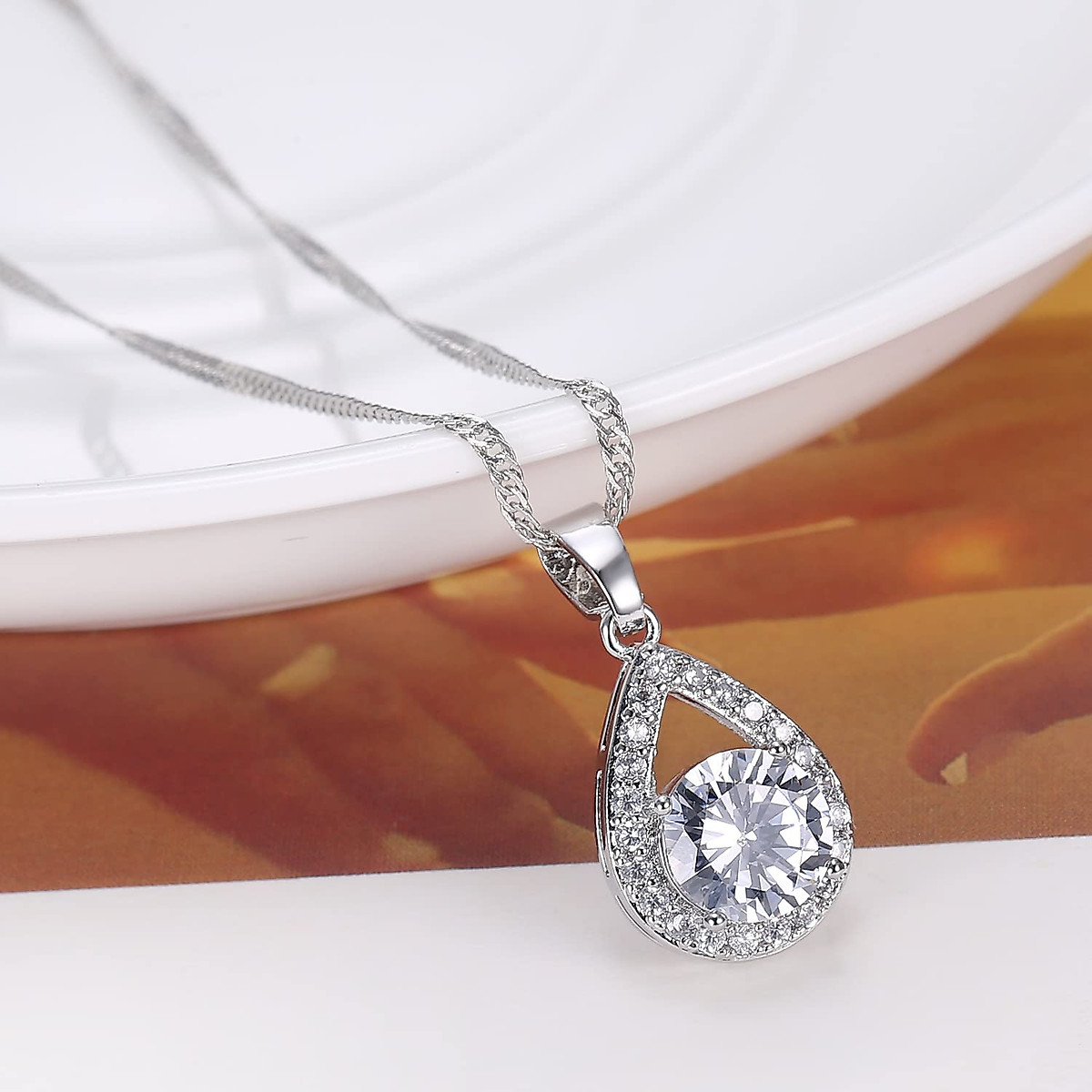 Ruzzykea Women Wedding Bridesmaid Jewelry Set Zirconia Teardrop Dangle Hoop Earrings Necklace Set for Bride Prom Party